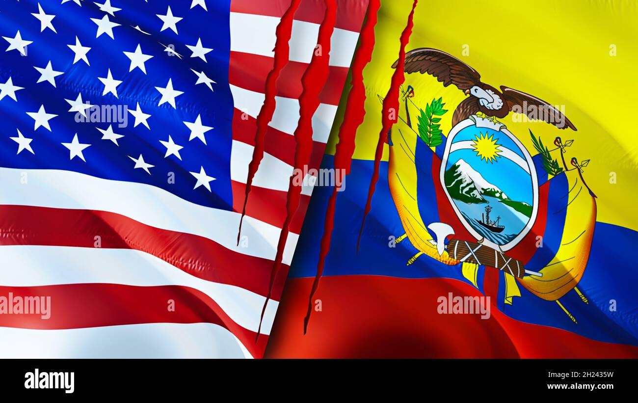 United States and Ecuador flags with scar concept. Waving flag,3D ...
