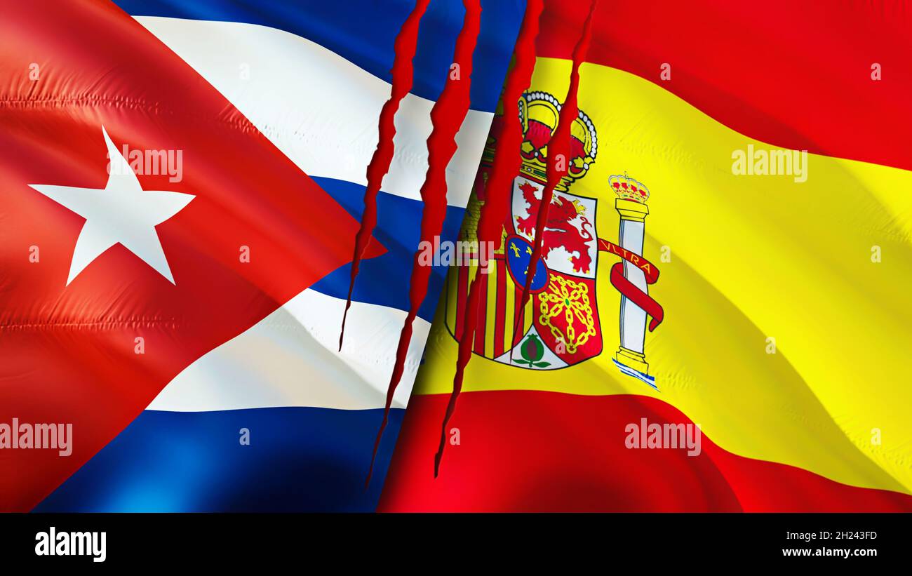 Cuba and Spain flags with scar concept. Waving flag 3D rendering. Cuba ...