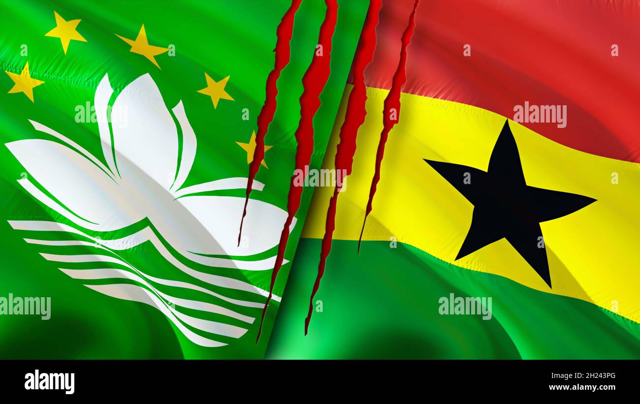 Macau and Ghana flags with scar concept. Waving flag,3D rendering ...