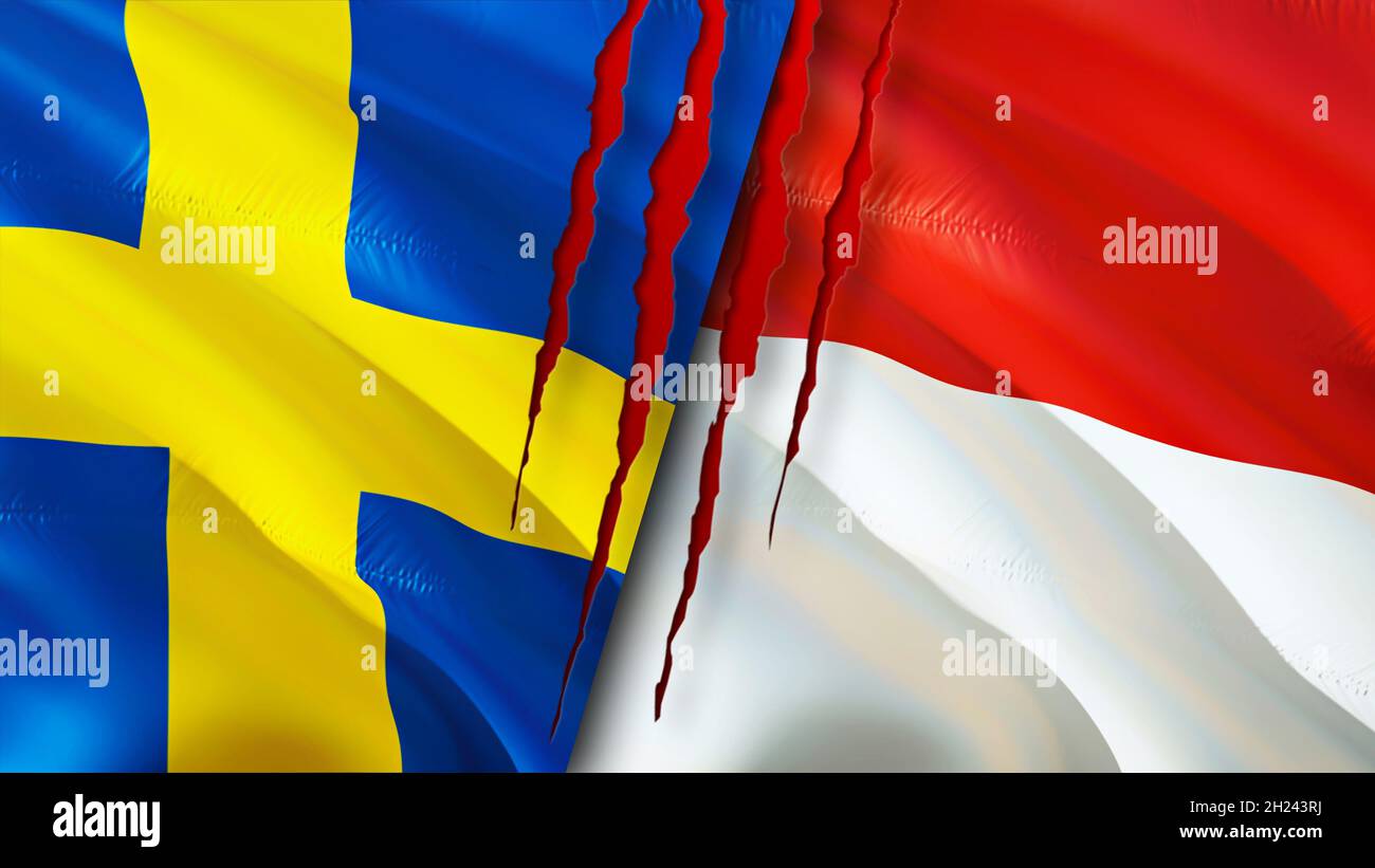 Sweden and Indonesia flags with scar concept. Waving flag,3D rendering ...
