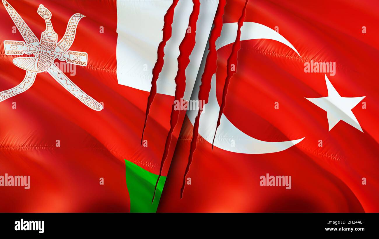 Oman and Turkey flags with scar concept. Waving flag,3D rendering ...