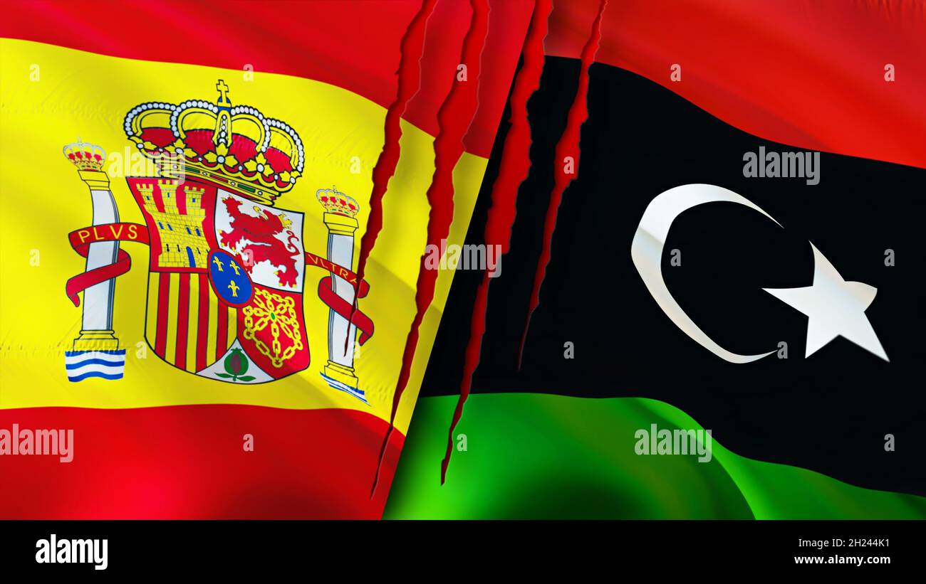 Spain and Libya flags with scar concept. Waving flag,3D rendering ...