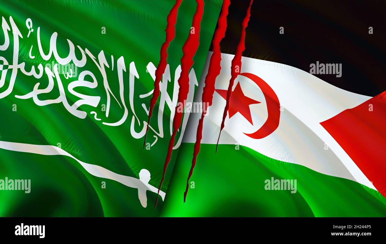 Saudi Arabia and Western Sahara flags with scar concept. Waving flag,3D ...