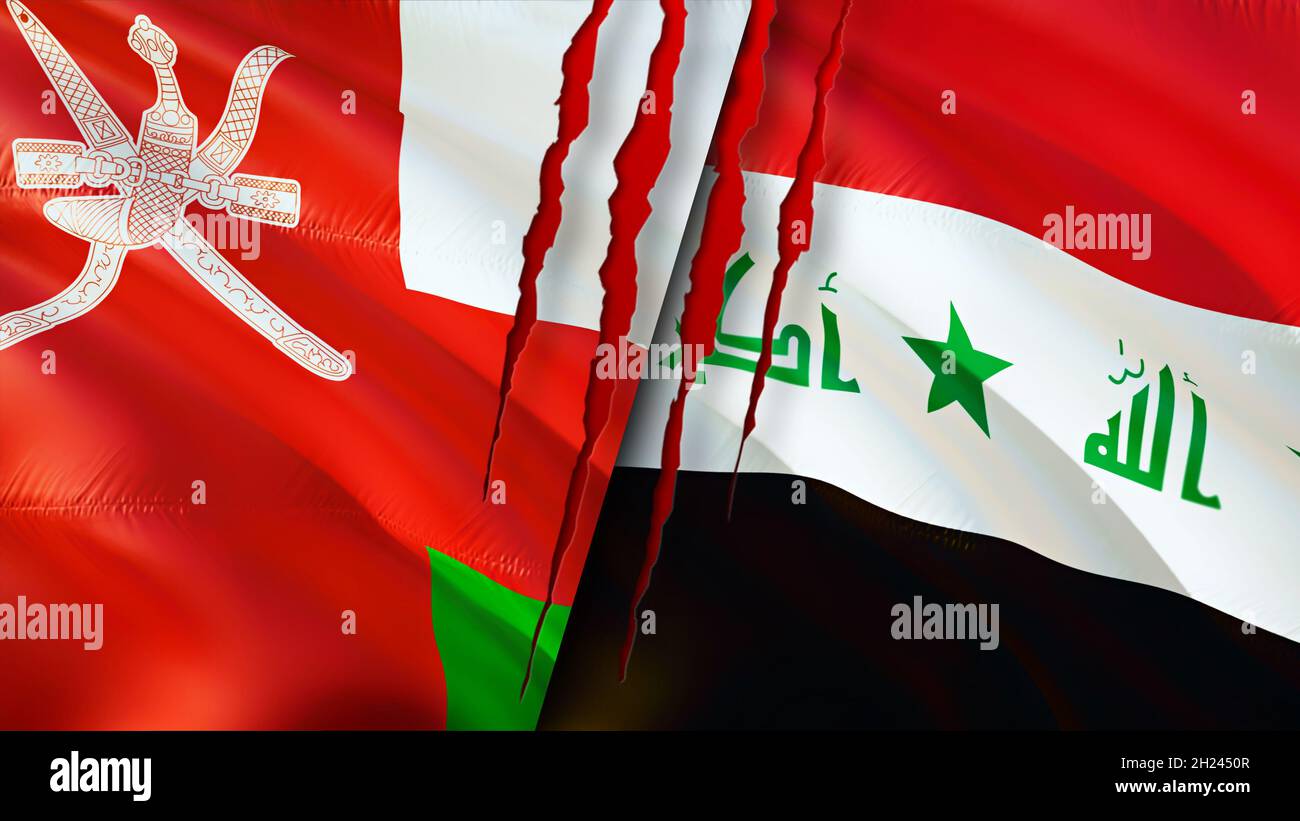 Oman and Iraq flags with scar concept. Waving flag,3D rendering. Iraq ...