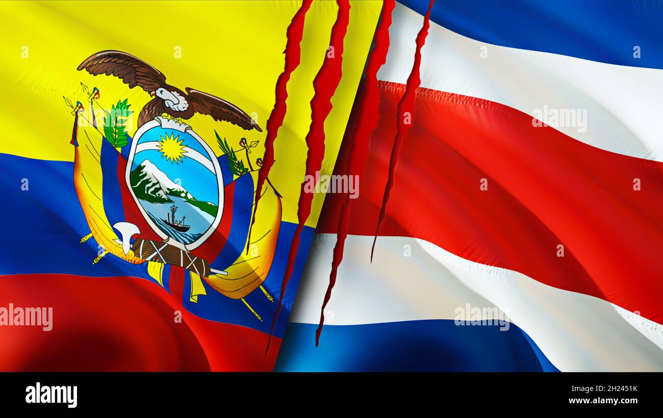 Ecuador and Costa Rica flags with scar concept. Waving flag 3D ...