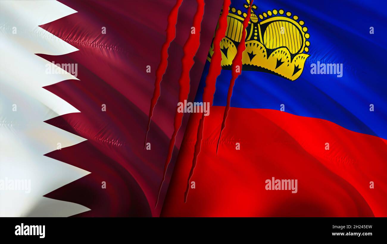 Qatar and Liechtenstein flags with scar concept. Waving flag,3D ...