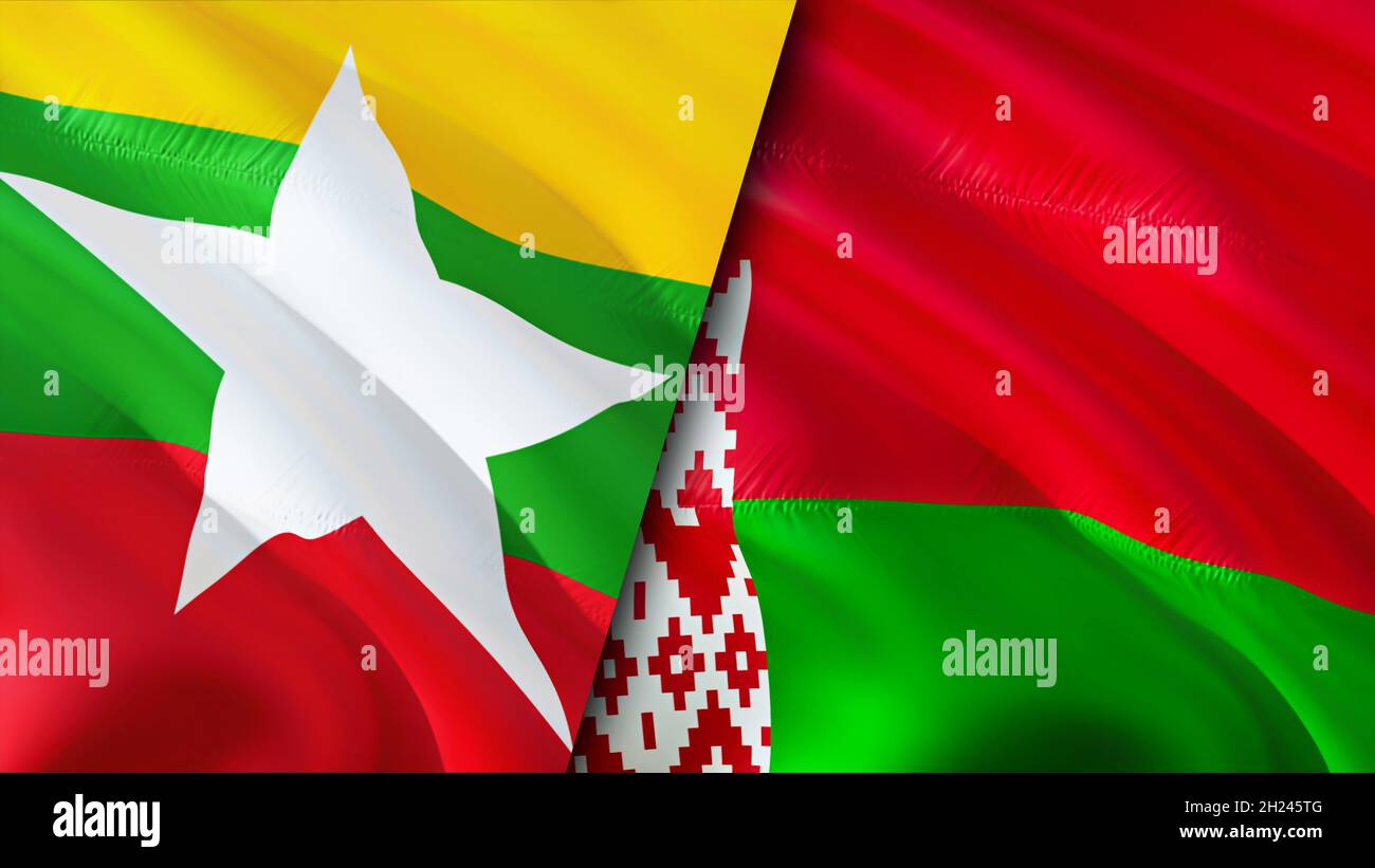 Myanmar and Belarus flags. 3D Waving flag design. Belarus Myanmar flag ...