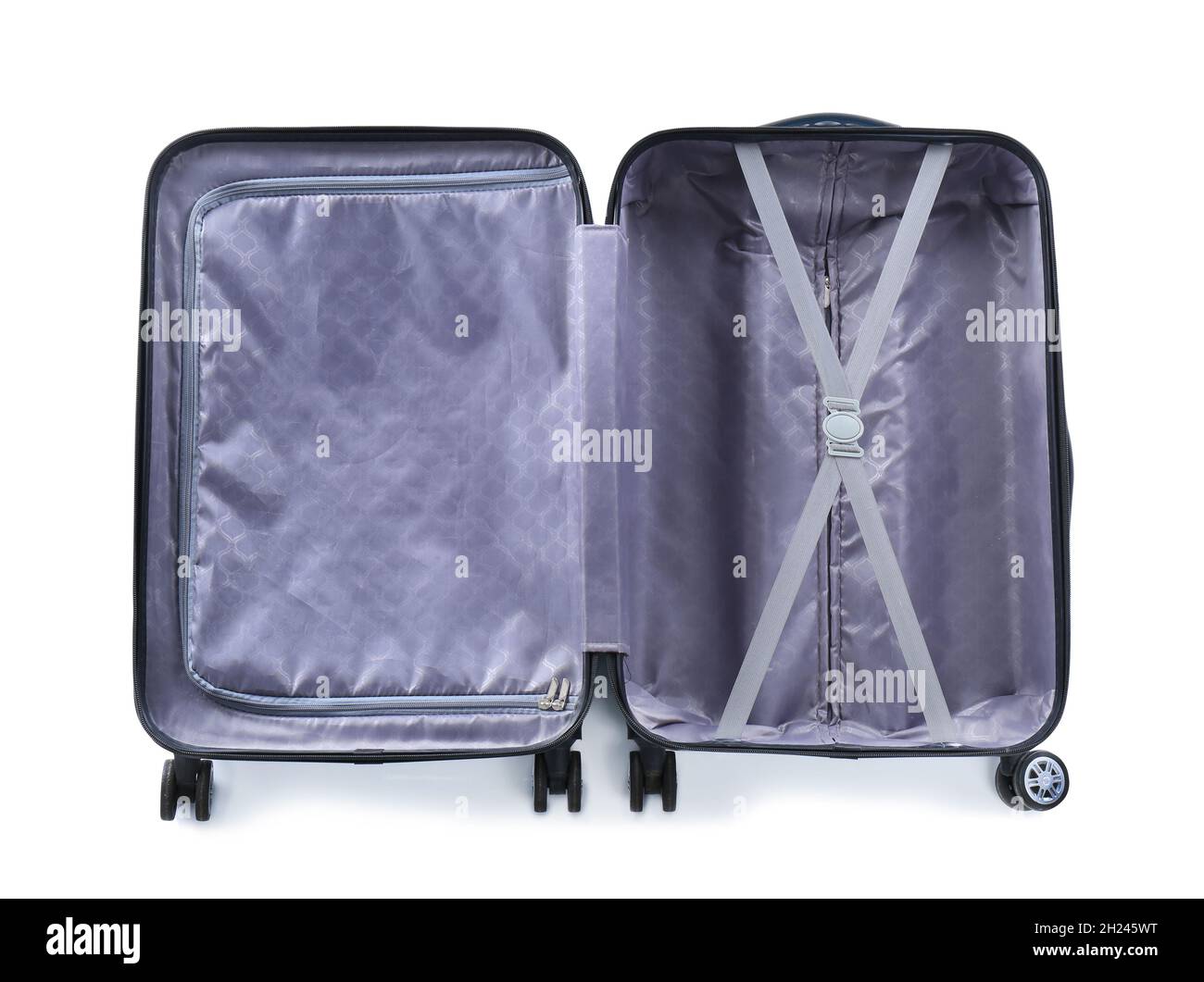 Open suitcase for travelling on white background, top view Stock Photo ...