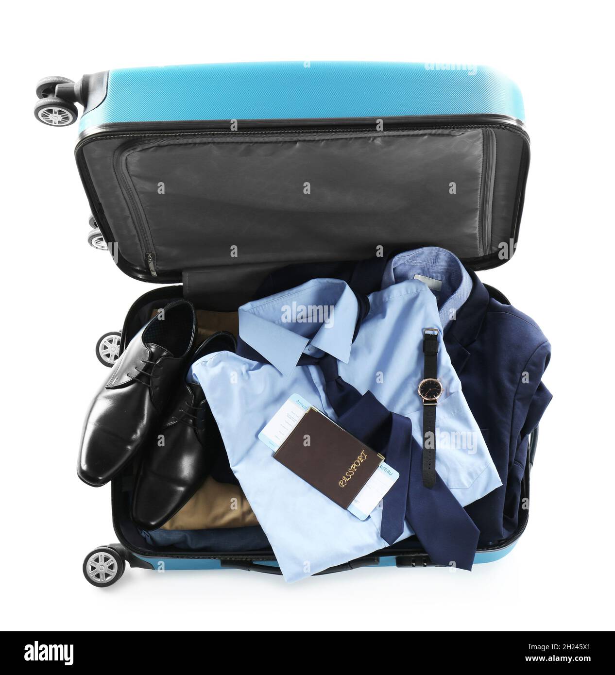 Packed suitcase with office wear and passport on white background ...