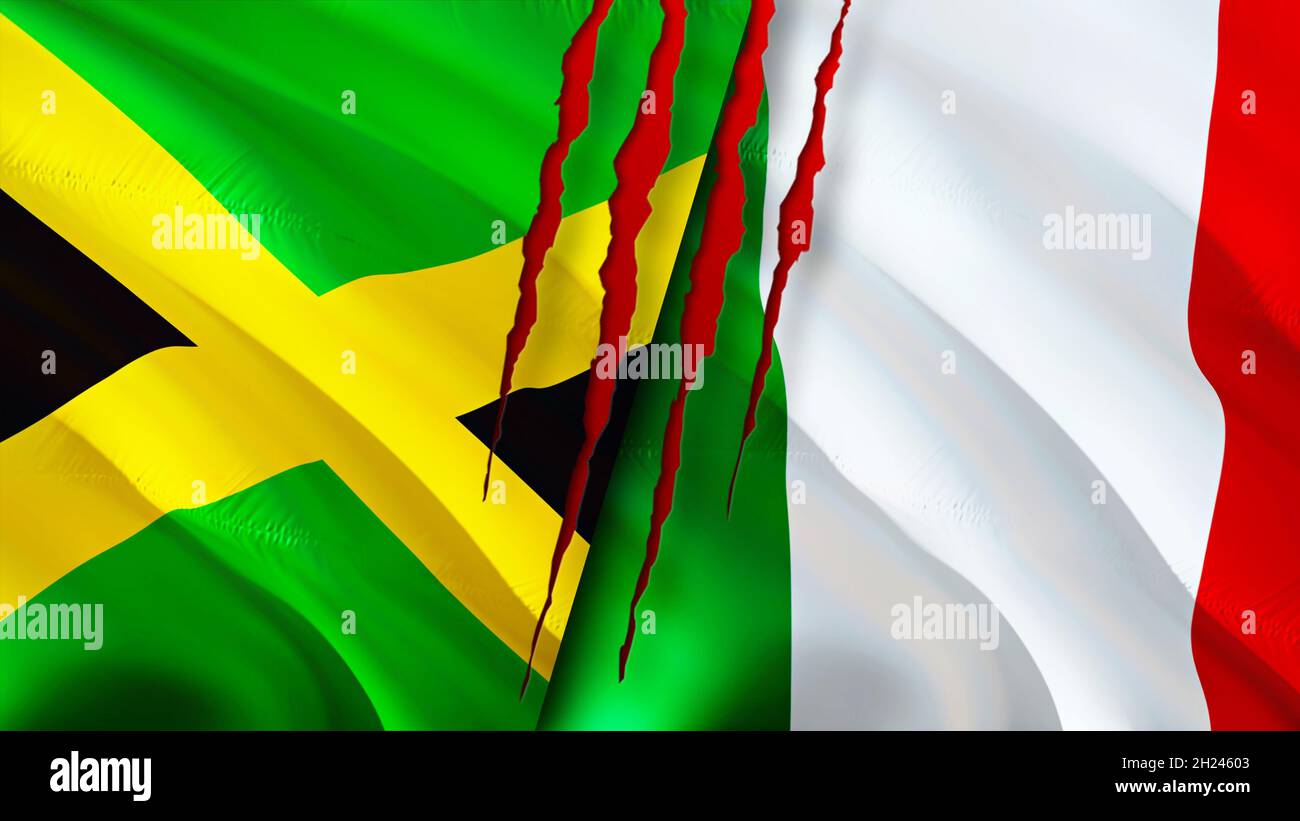 Jamaica and Italy flags with scar concept. Waving flag,3D rendering ...
