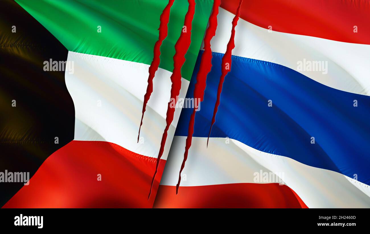 Kuwait and Thailand flags with scar concept. Waving flag,3D rendering ...