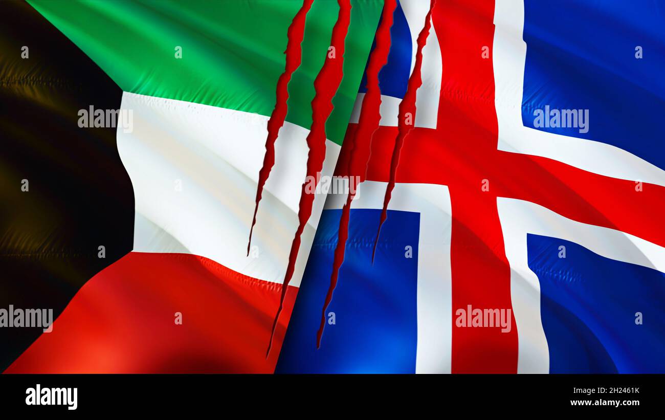 Kuwait and Iceland flags with scar concept. Waving flag,3D rendering ...