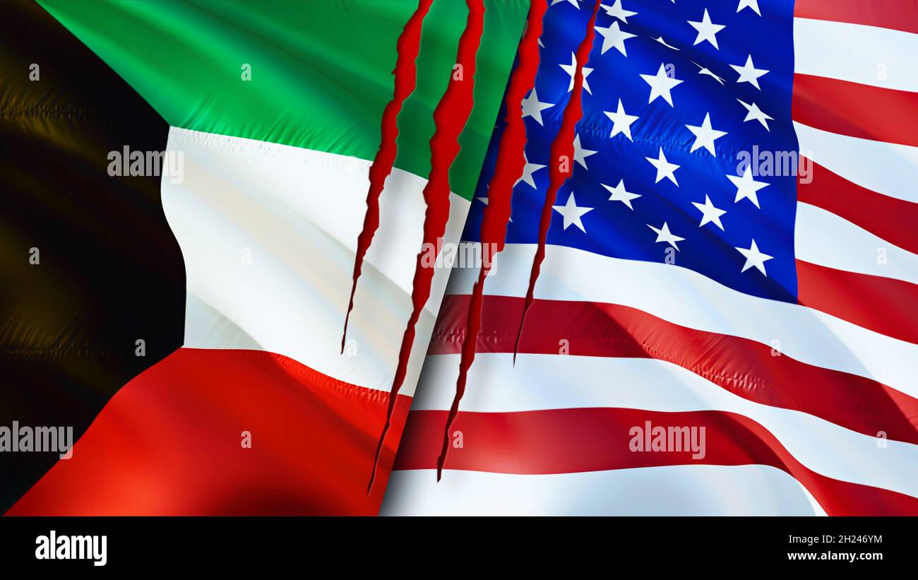 Kuwait and United States flags with scar concept. Waving flag,3D ...