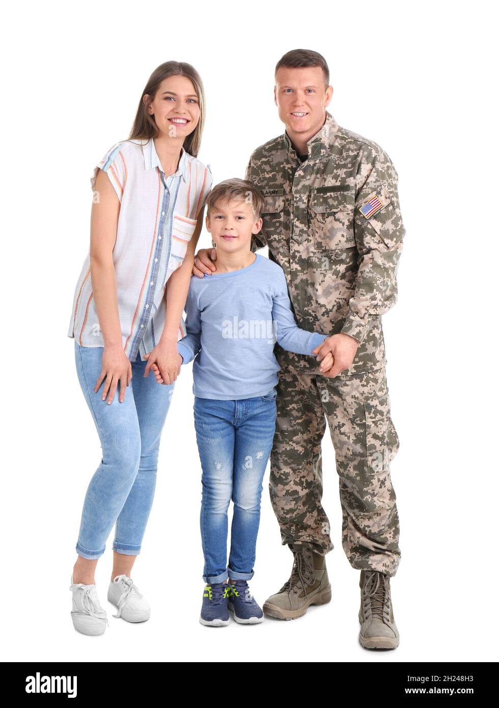 Male soldier with his family on white background. Military service ...