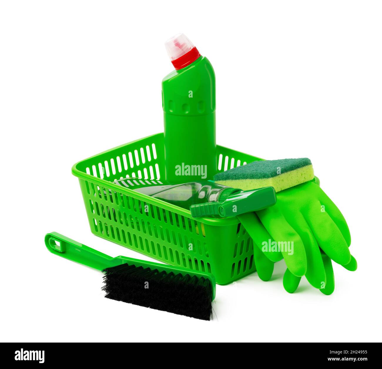 Cleaning items in basket isolated on white background Stock Photo - Alamy