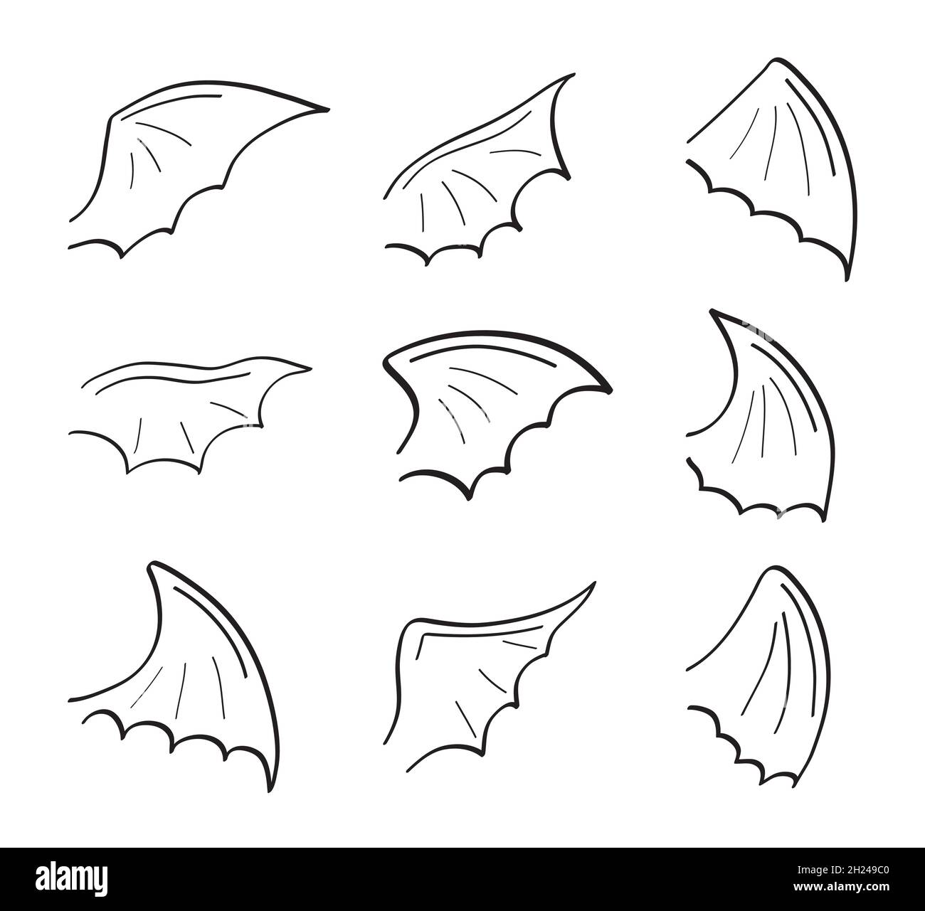 Gargoyle, demon, devil doodle wing set vector. Hand drawn pencil style ...