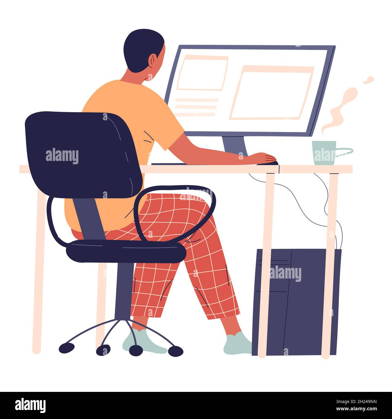 Young man sits at his desk and works on his computer Stock Vector Image ...