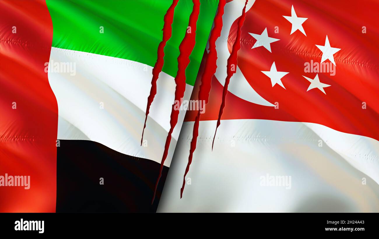 Emirates And Singapore Flags With Scar Concept Waving Flag 3d