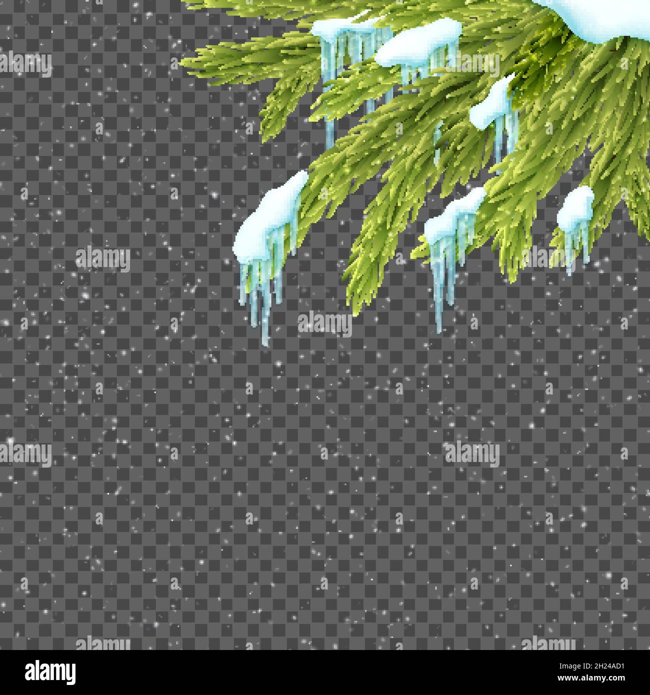 Border with relistic firtree, snow and icicles over transparent ...