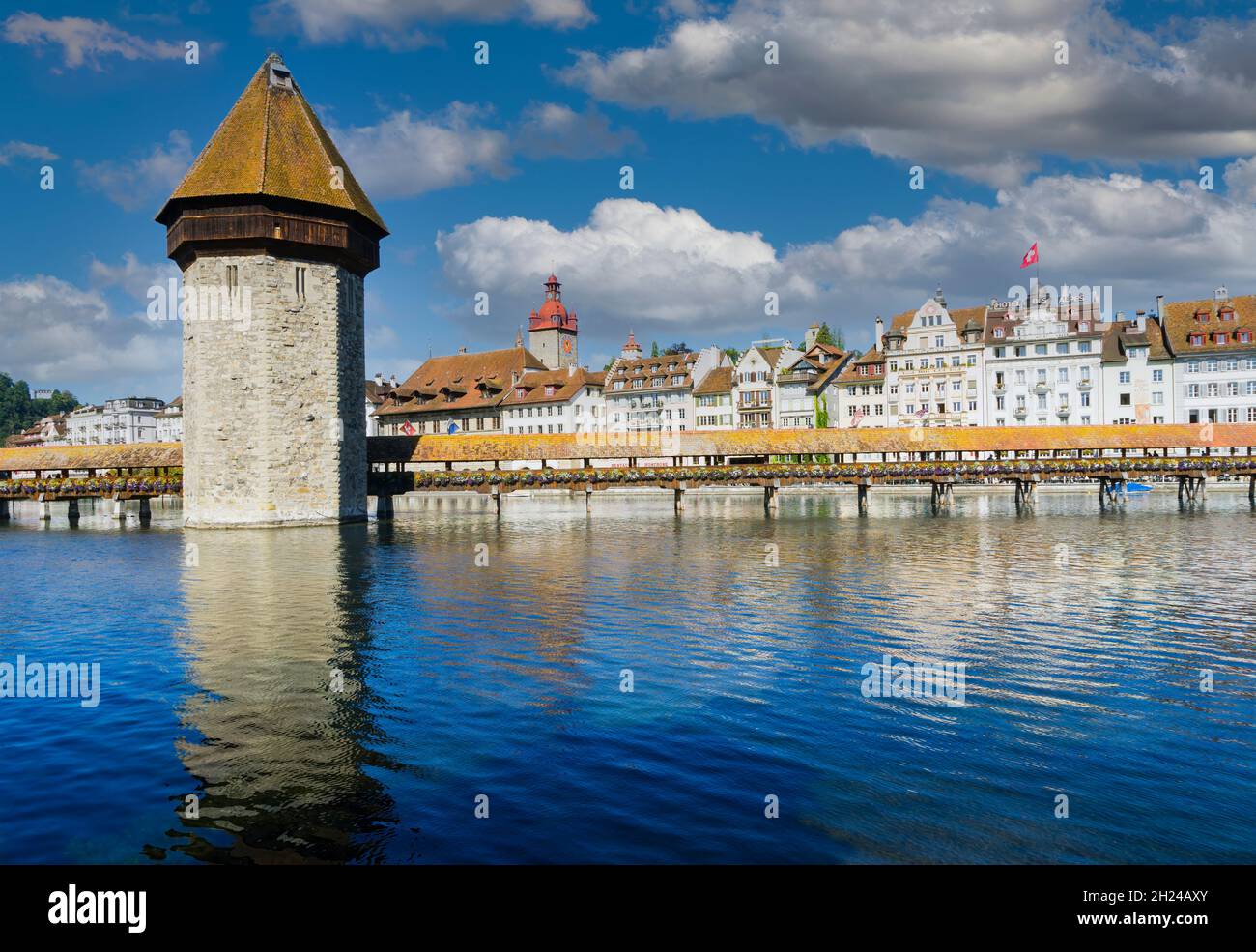 View of the Kapellbrücke, a 14th century medieval bridge and tower in ...
