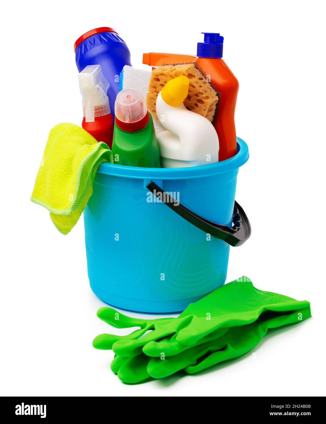 Liquid detergents and cleaning supplies in plastic bucket on white ...