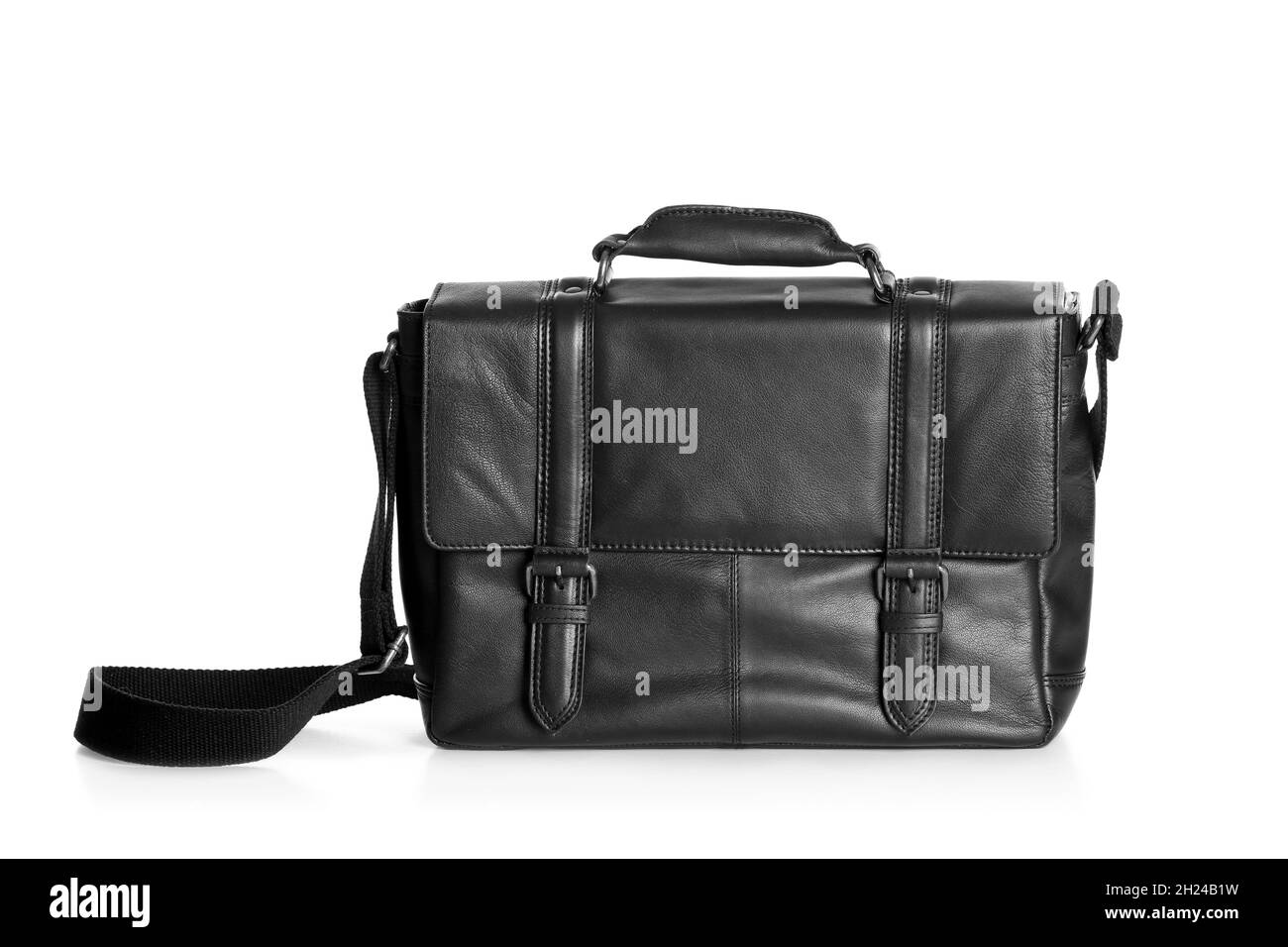 Black male leather briefcase with strap on white background Stock Photo ...