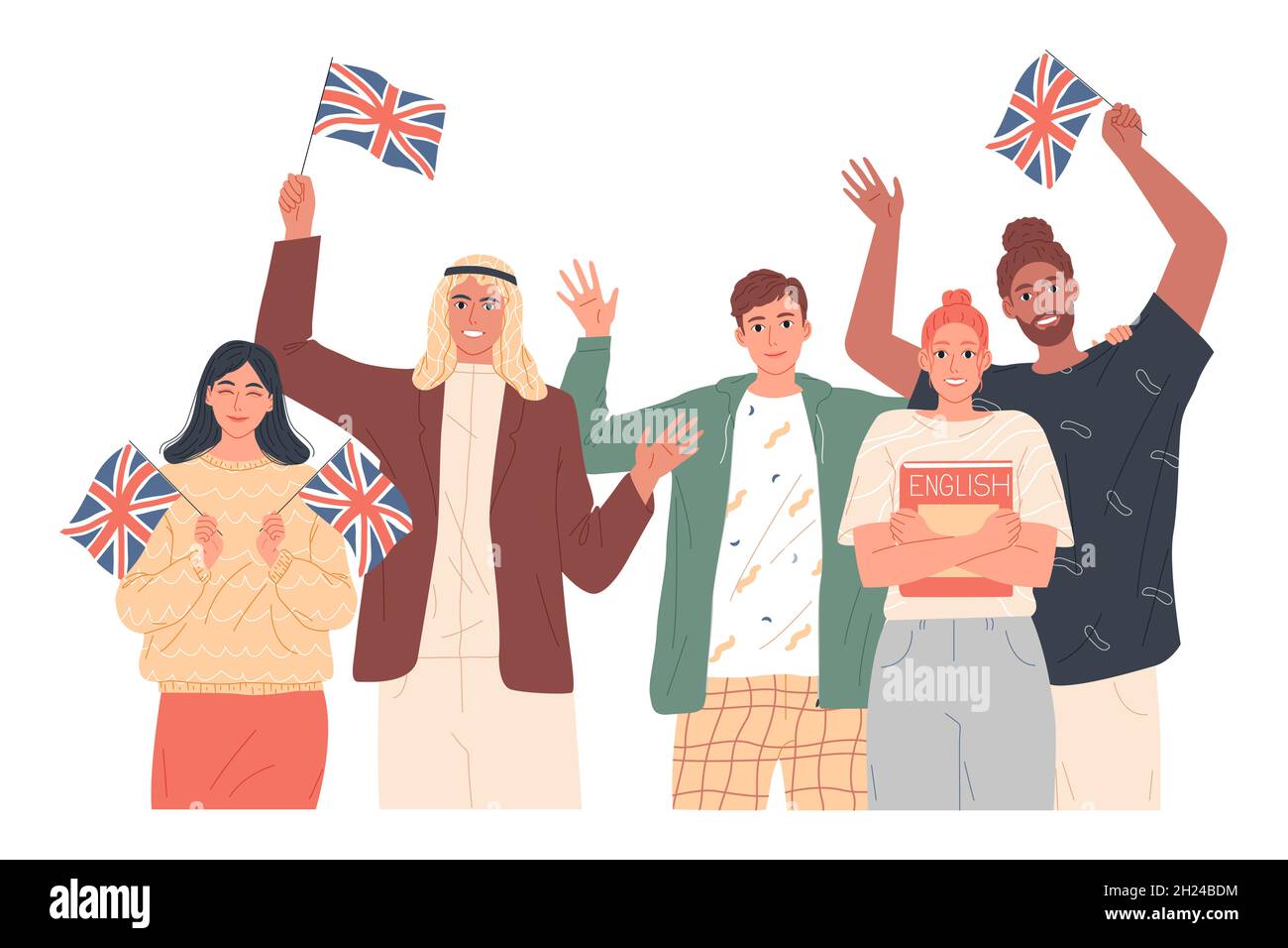 People holding English flags. Studying English. Language school. Travel ...