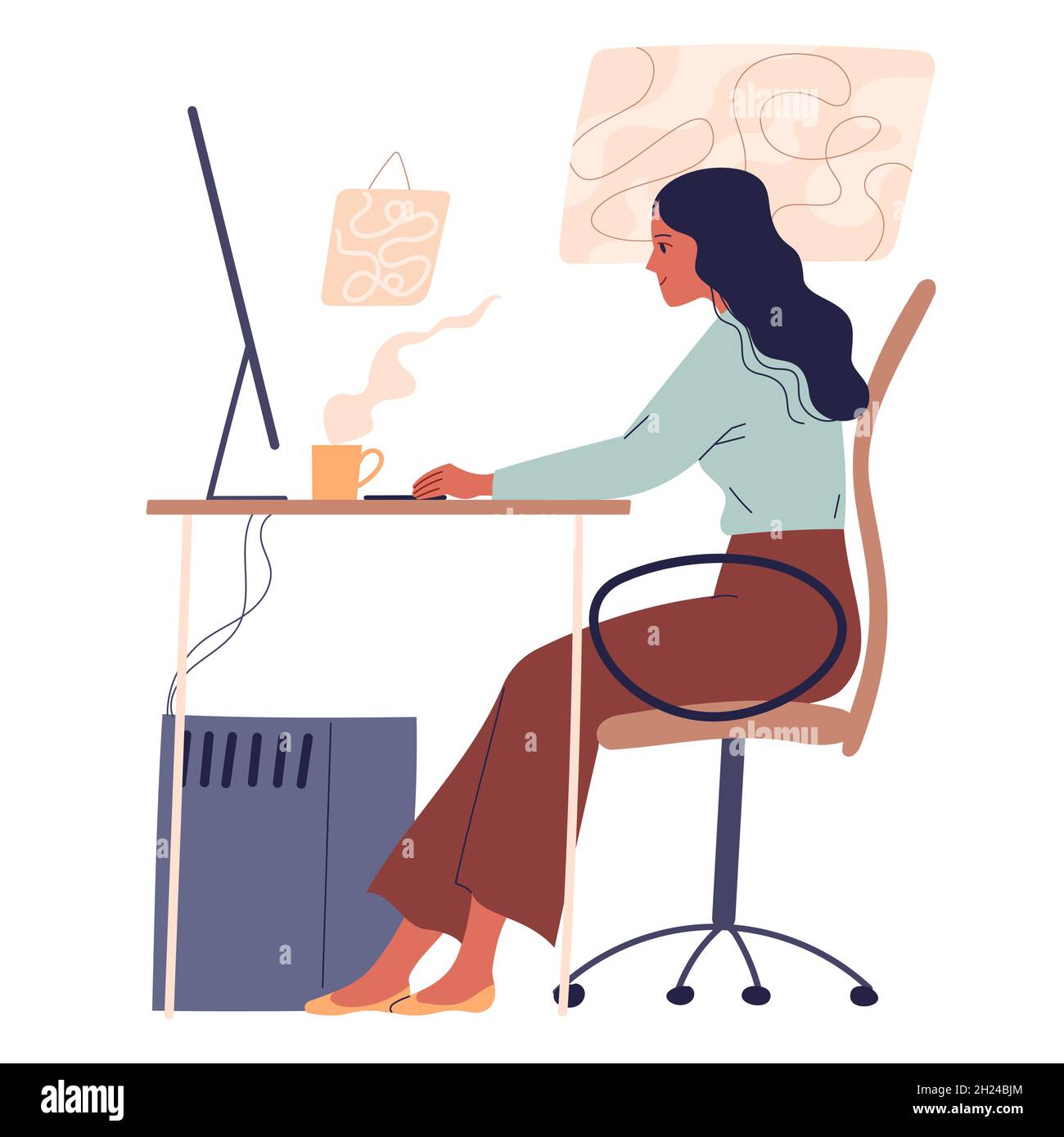 Cartoon girl sitting desk working Cut Out Stock Images & Pictures - Alamy