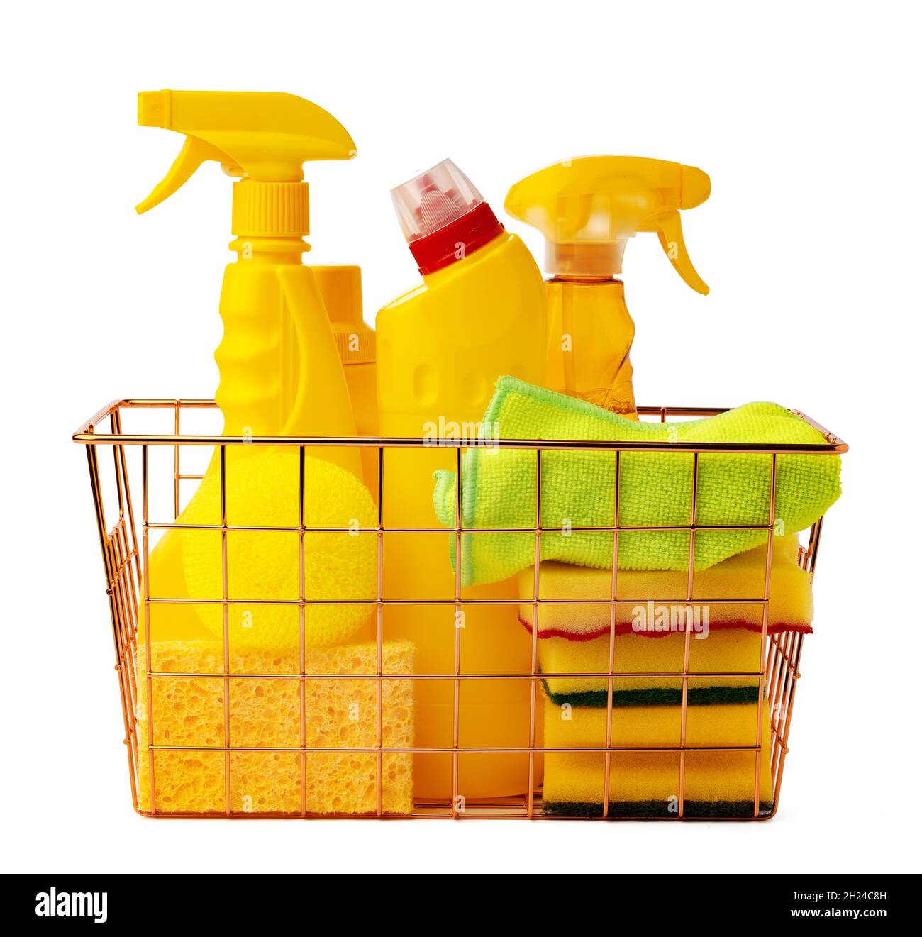 Cleaning items in basket isolated on white background Stock Photo - Alamy