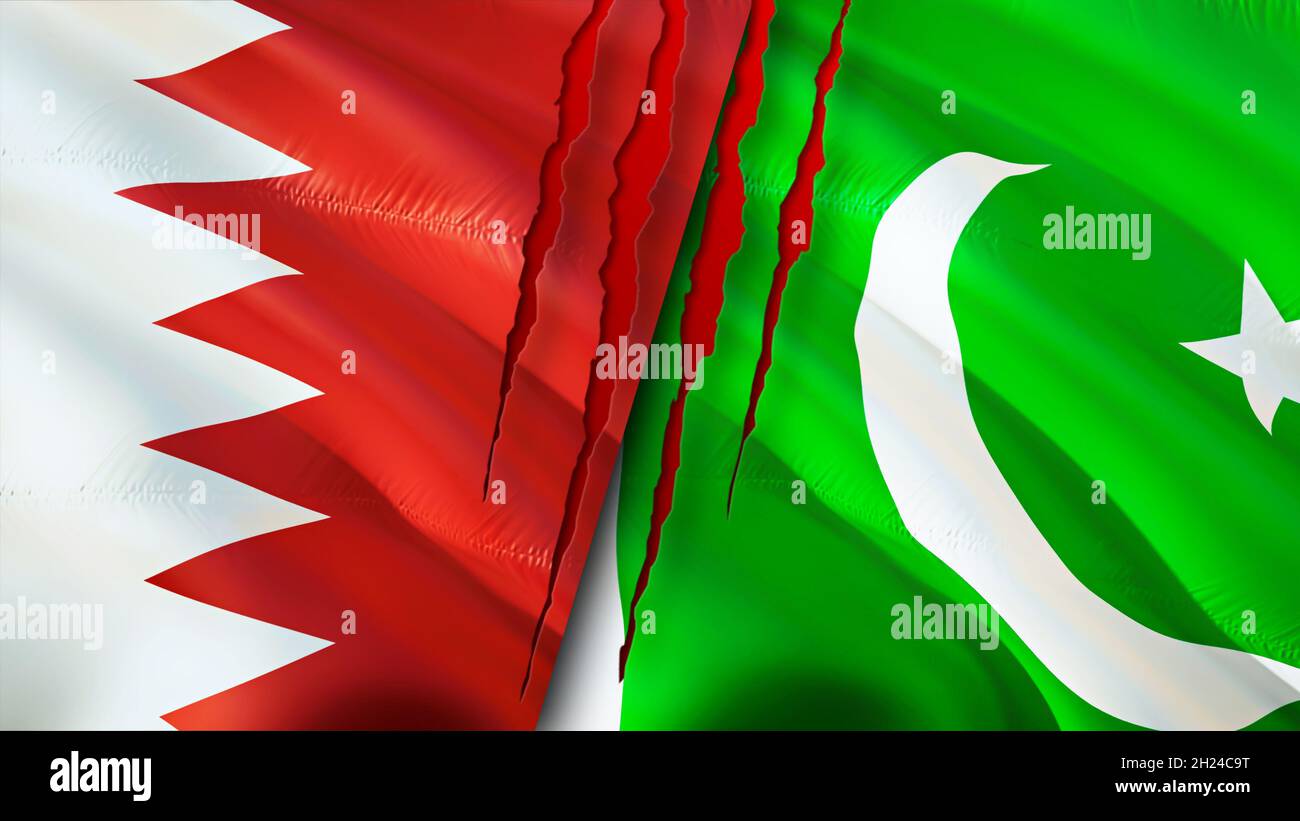 Bahrain and Pakistan flags with scar concept. Waving flag,3D rendering ...