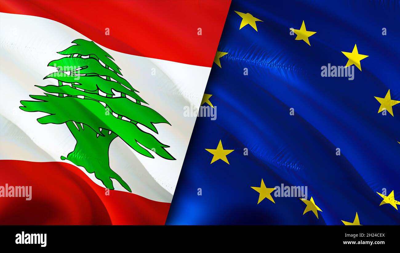 Lebanon and European Union flags. 3D Waving flag design. Lebanon ...