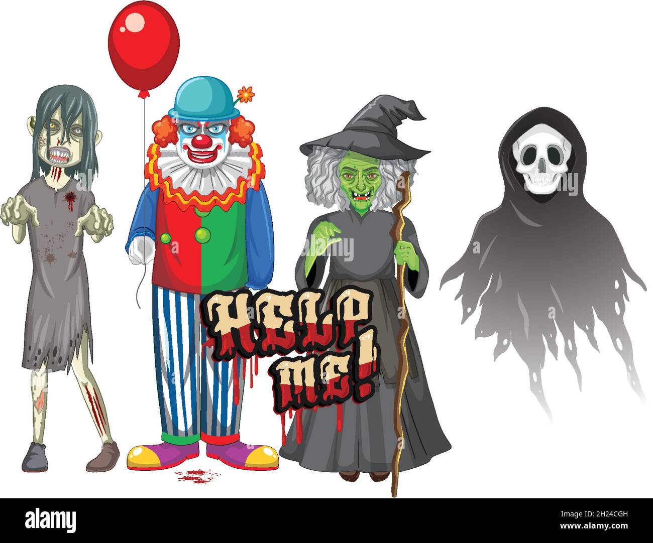 Help Me text design with Halloween ghost characters illustration Stock ...