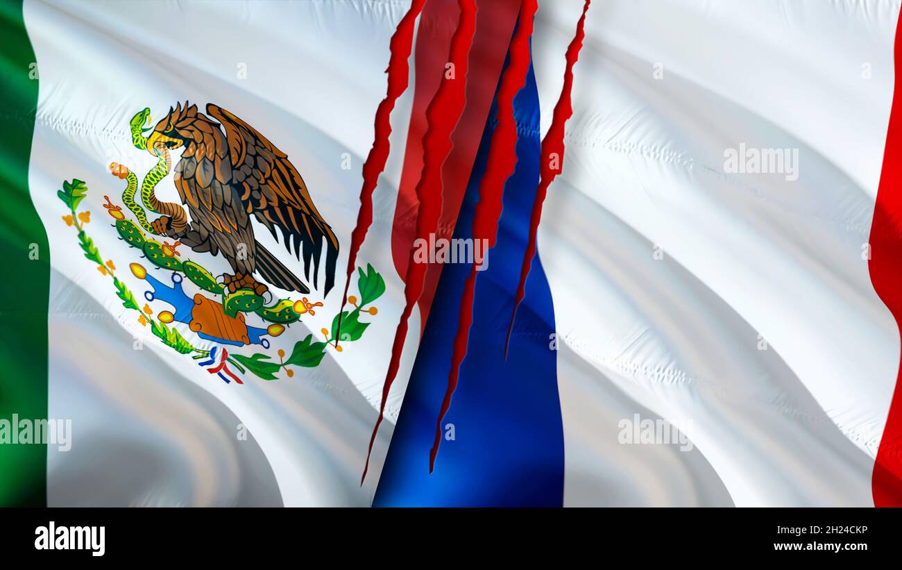 Mexico and France flags with scar concept. Waving flag,3D rendering ...