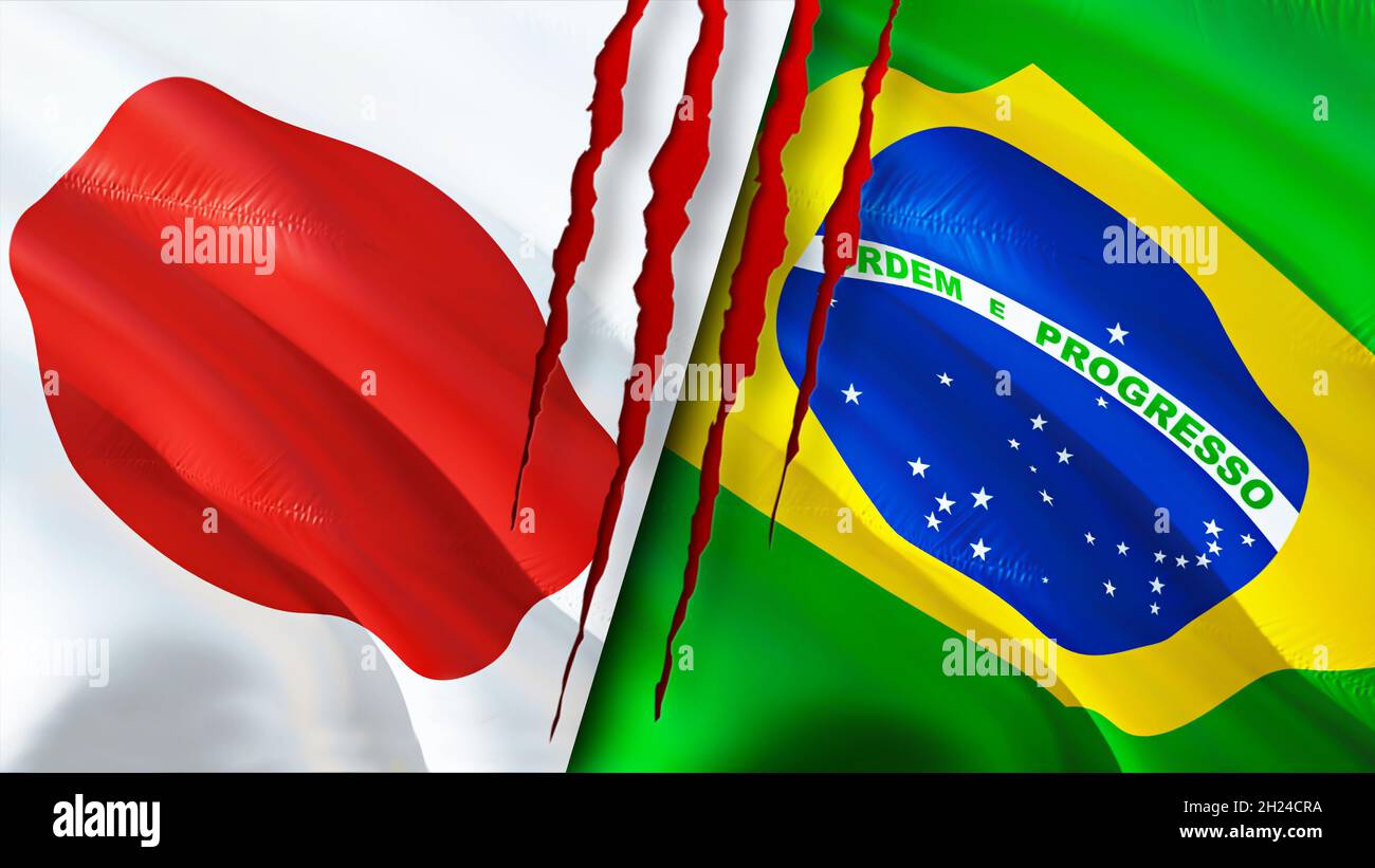 Japan and Brazil flags with scar concept. Waving flag,3D rendering ...