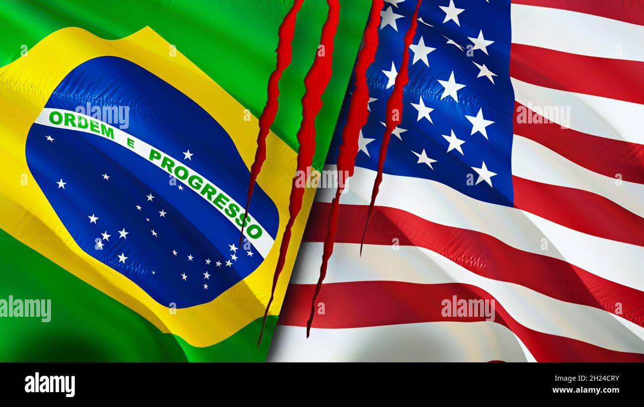 Brazil and USA flags with scar concept. Waving flag 3D rendering ...