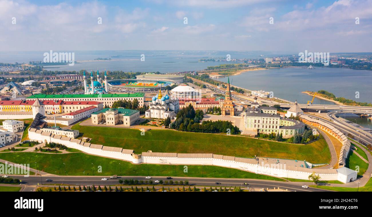 Aerial photo of Russian city Kazan with view of Kazan Kremlin and Volga River Stock Photo - Alamy