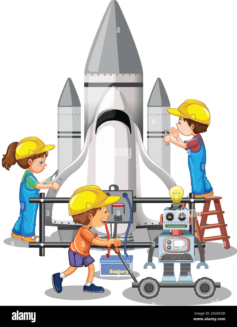Children building spaceship together on white background illustration ...