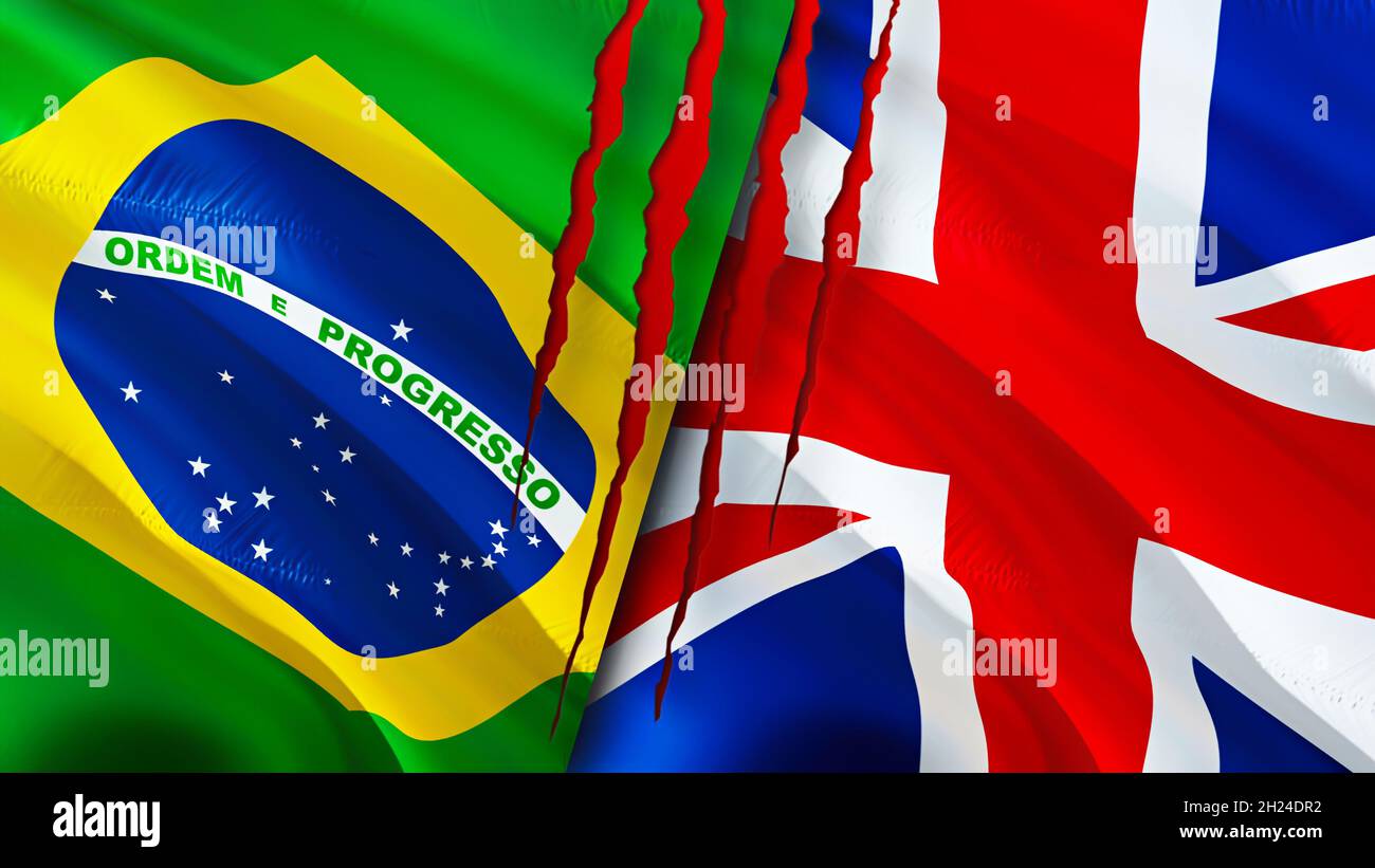 Brazil and United Kingdom flags with scar concept. Waving flag 3D ...