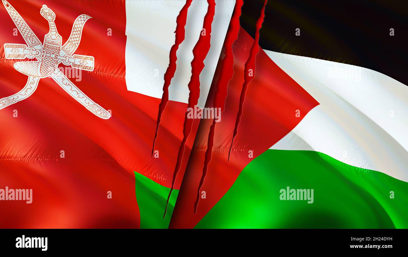 Oman and Palestine flags with scar concept. Waving flag,3D rendering ...
