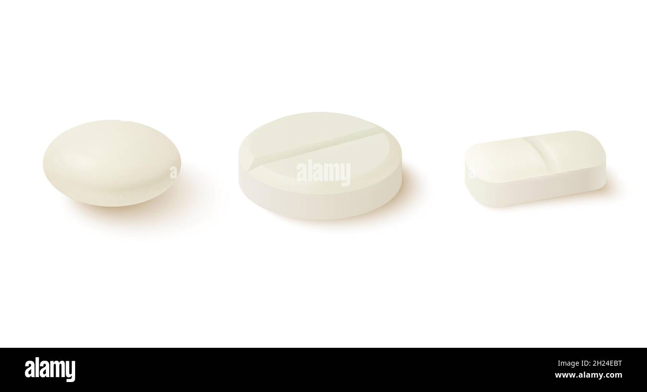 Collection of oval, round and capsule shaped tablets. Medicine and ...