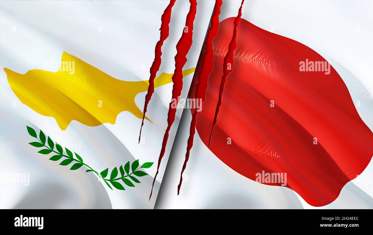 Cyprus and Japan flags with scar concept. Waving flag,3D rendering ...