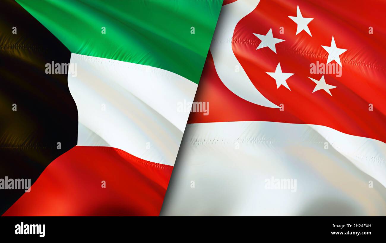 Kuwait and Singapore flags. 3D Waving flag design. Singapore Kuwait ...