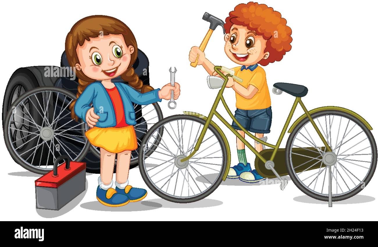 Children repairing bicycle together on white background illustration ...