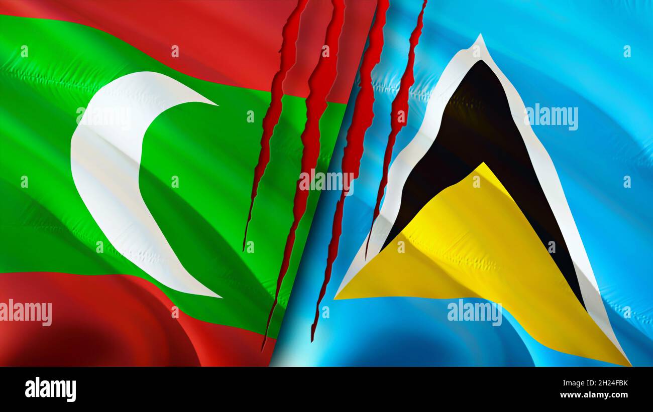Maldives and Saint Lucia flags with scar concept. Waving flag,3D ...