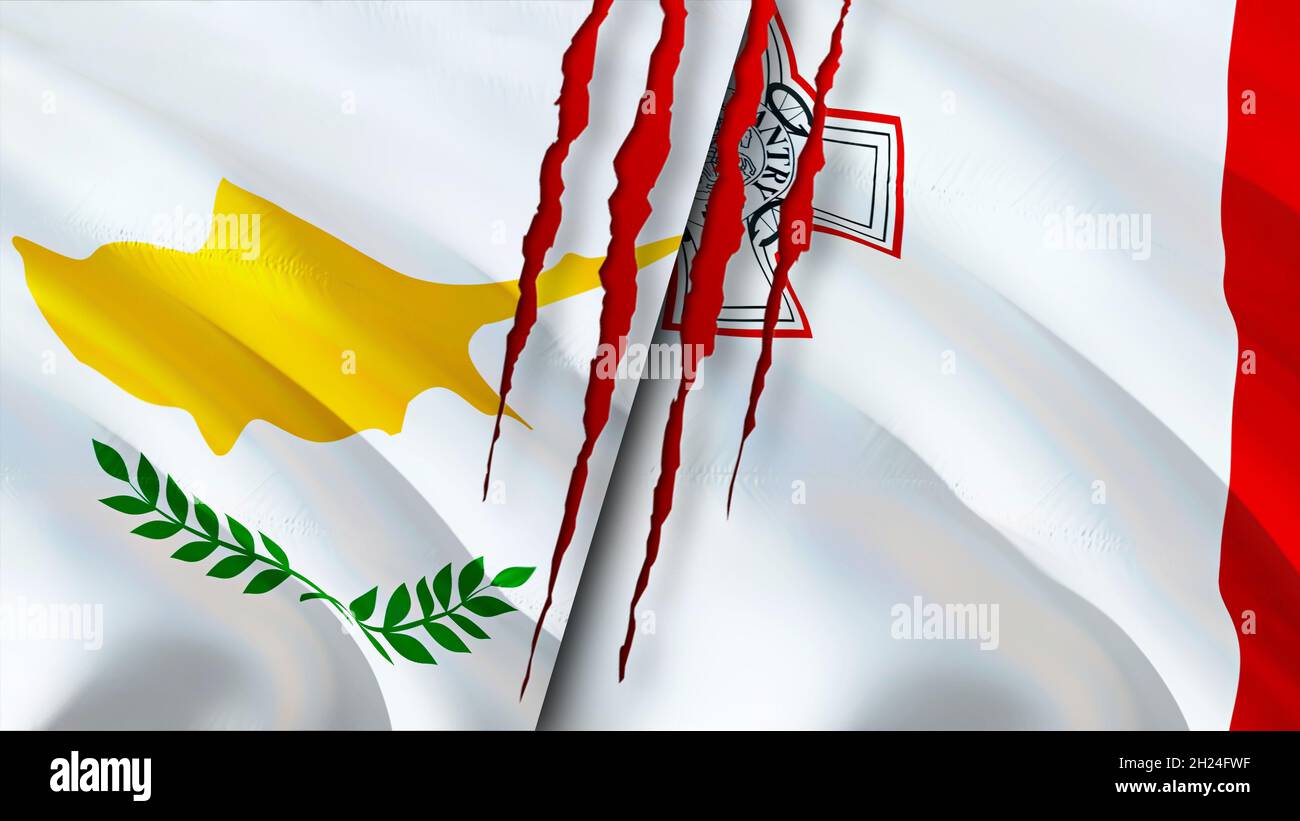 Cyprus and Malta flags with scar concept. Waving flag,3D rendering ...