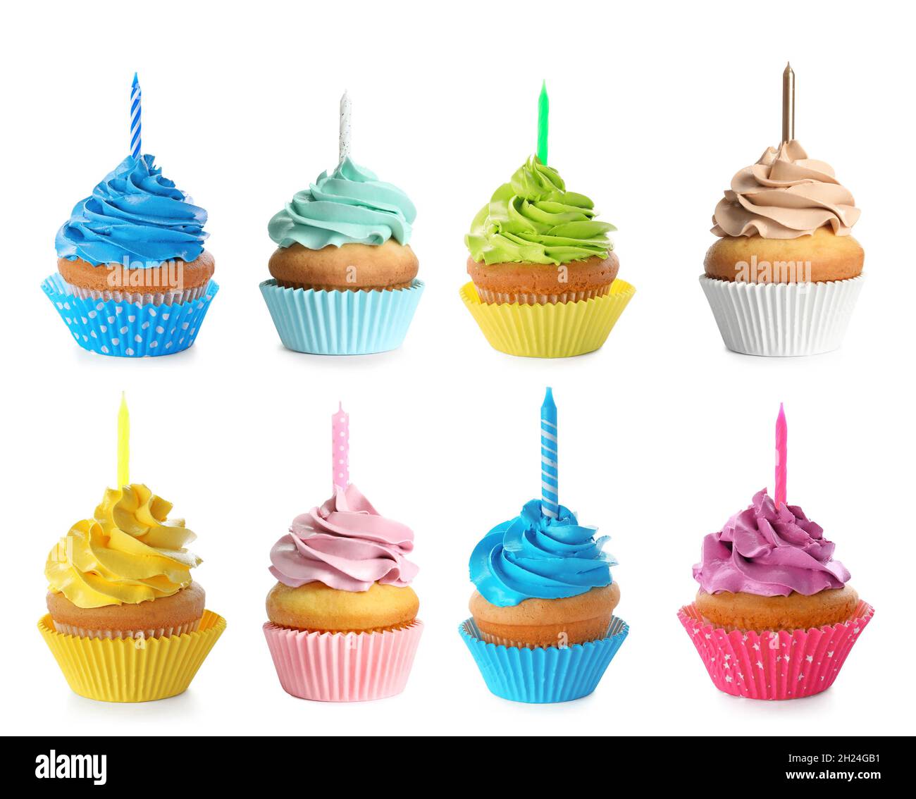 Set with birthday cupcakes and candles on white background Stock Photo ...