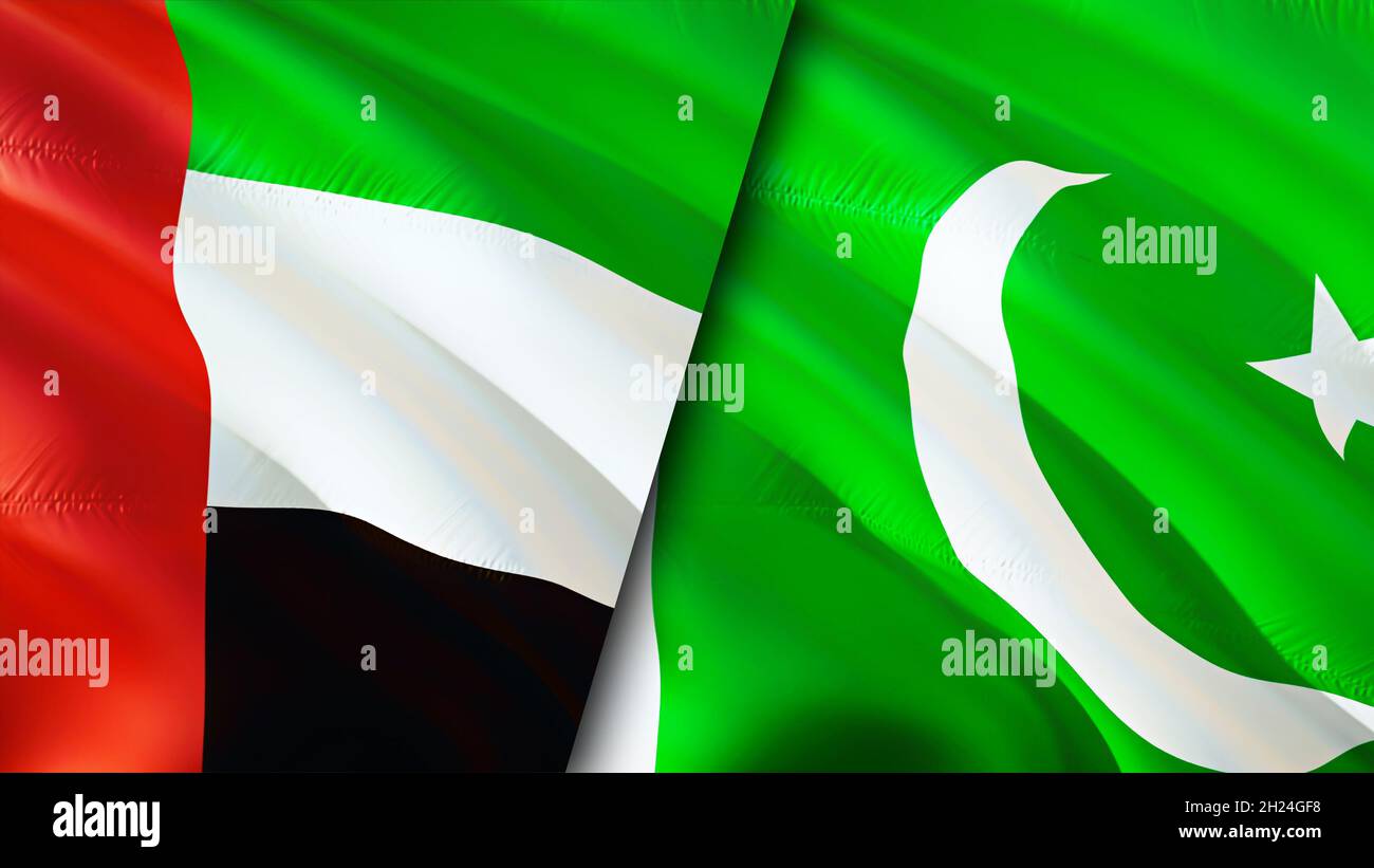 Emirates and Pakistan flags. 3D Waving flag design. Pakistan United ...