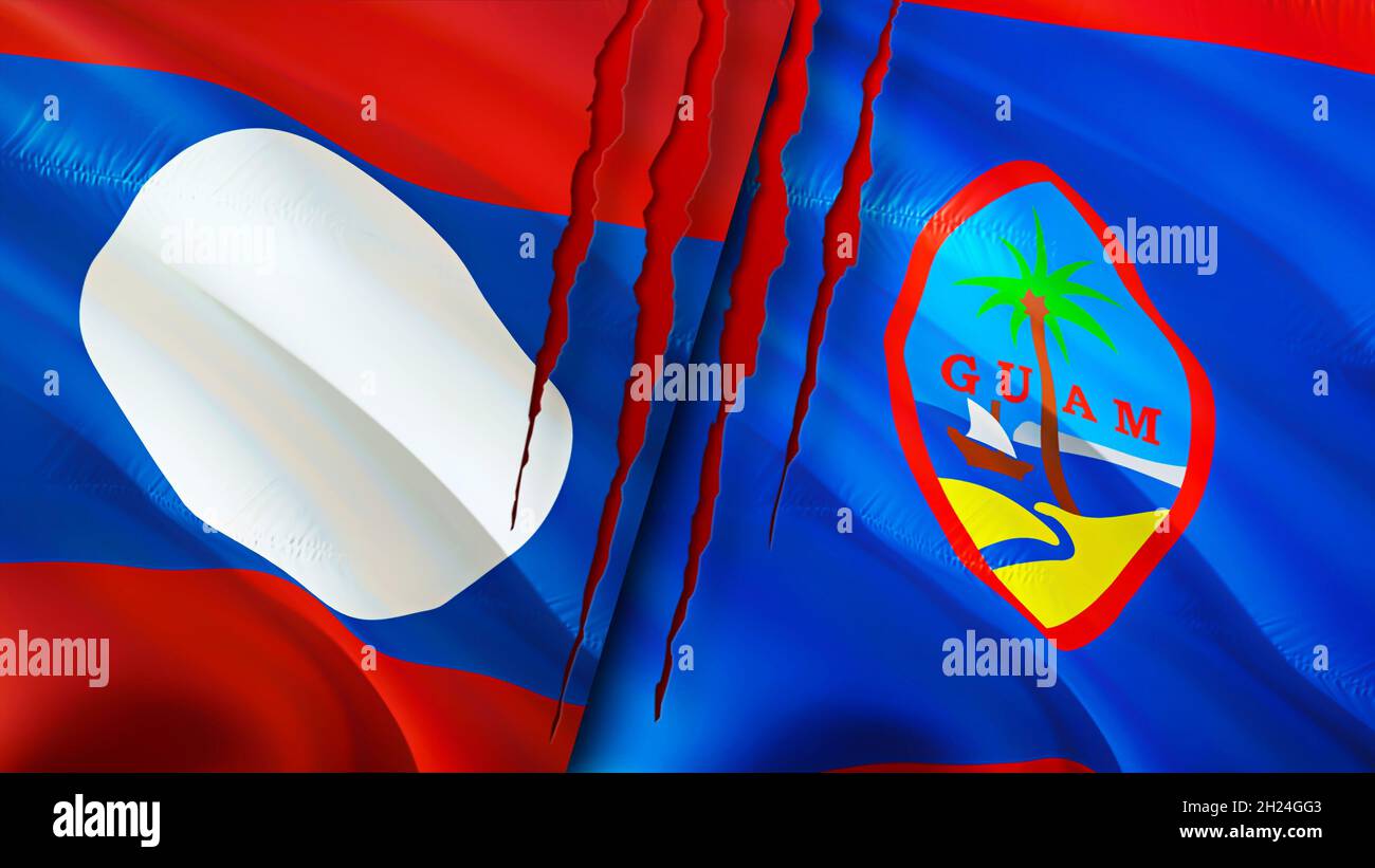 Laos and Guam flags with scar concept. Waving flag,3D rendering. Laos ...