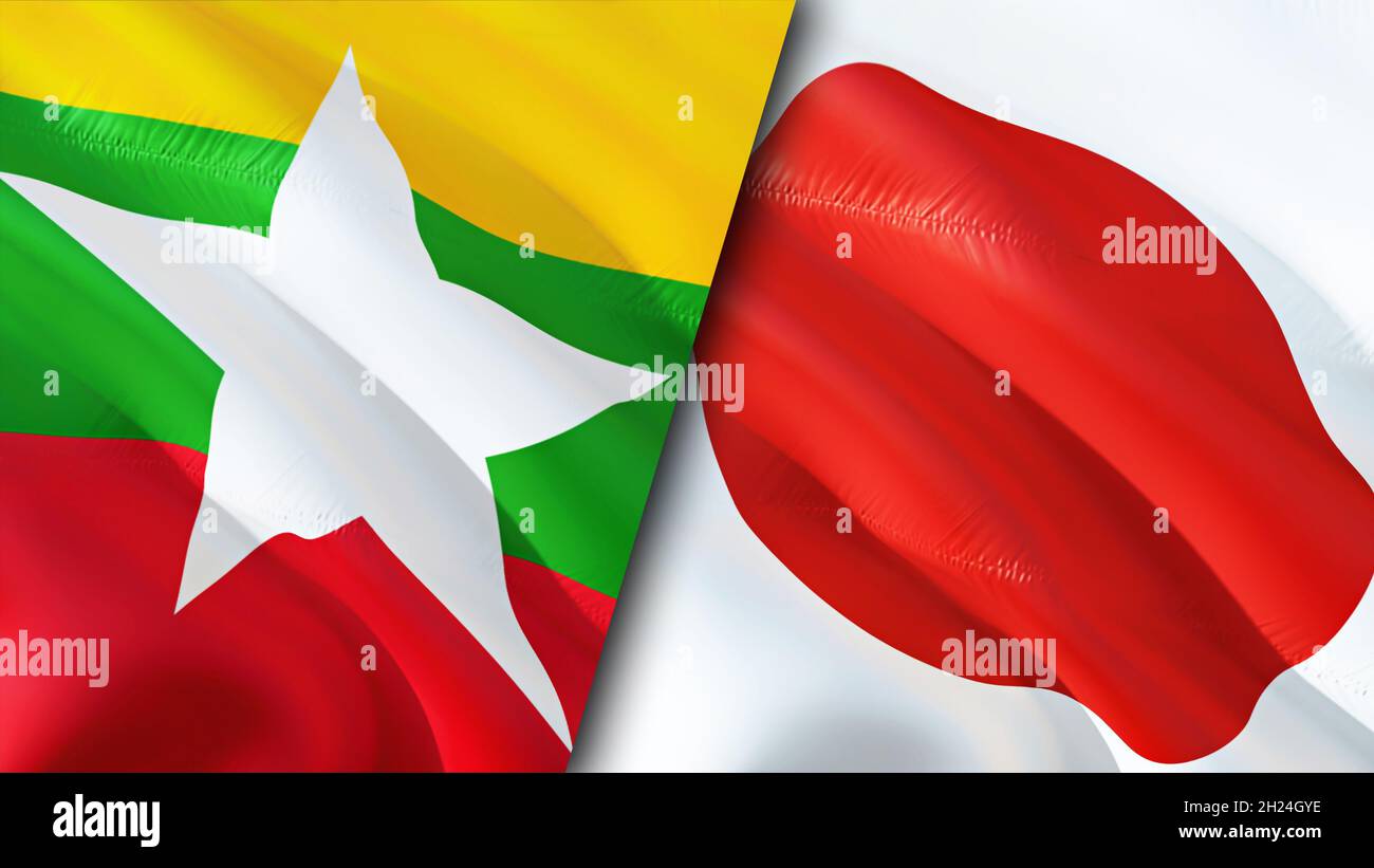 Myanmar and Japan flags. 3D Waving flag design. Japan Myanmar flag ...