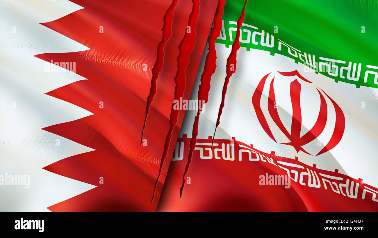 Bahrain and Iran flags with scar concept. Waving flag,3D rendering ...